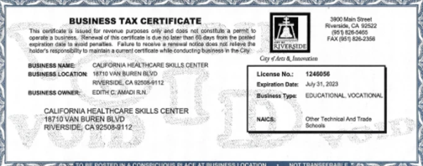 Business License - California Healthcare Skills Center