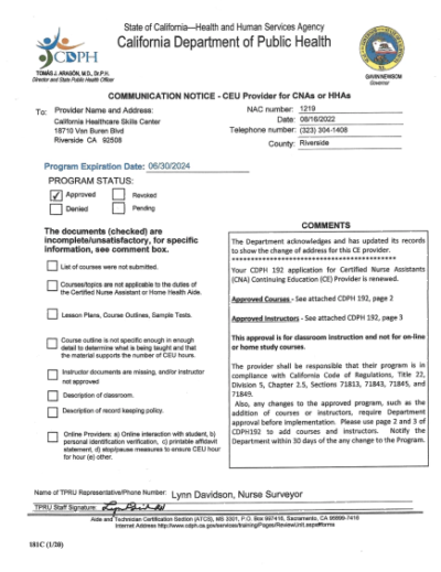 CNA/CDPH - California Healthcare Skills Center